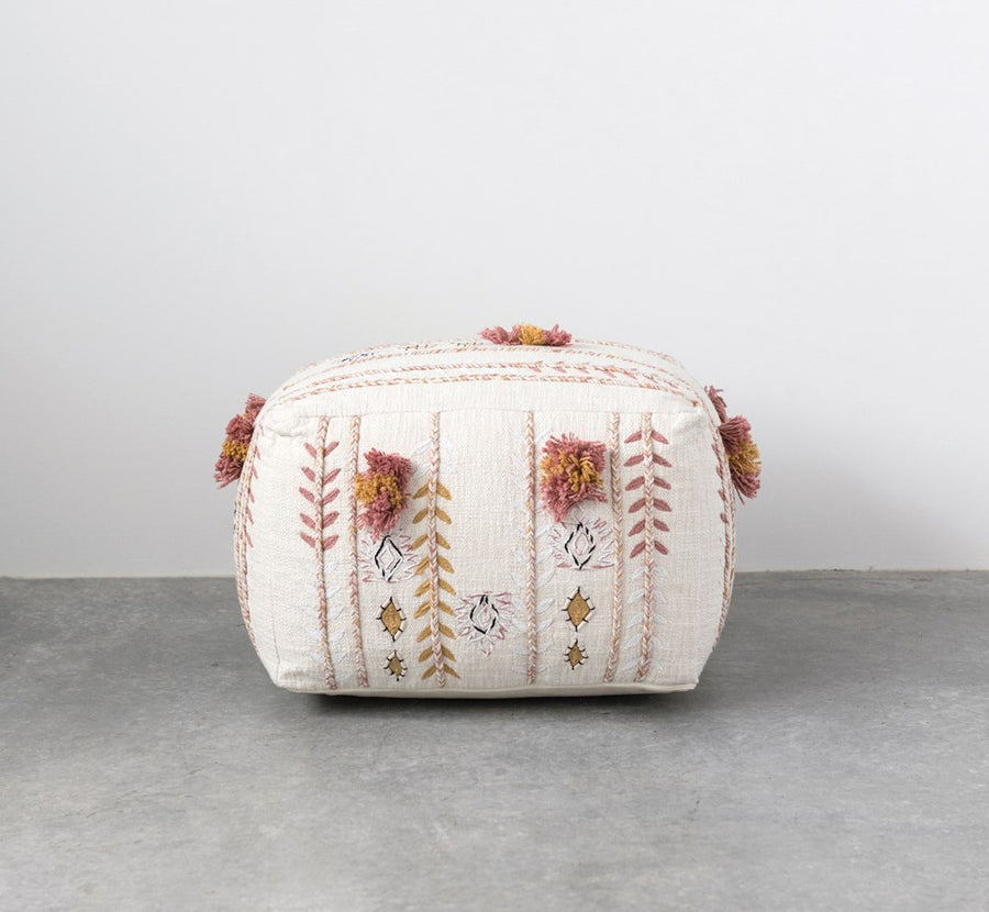 Square Cotton Embroidered Pouf w/ Applique & Fringe, Cream Color – Baby ...